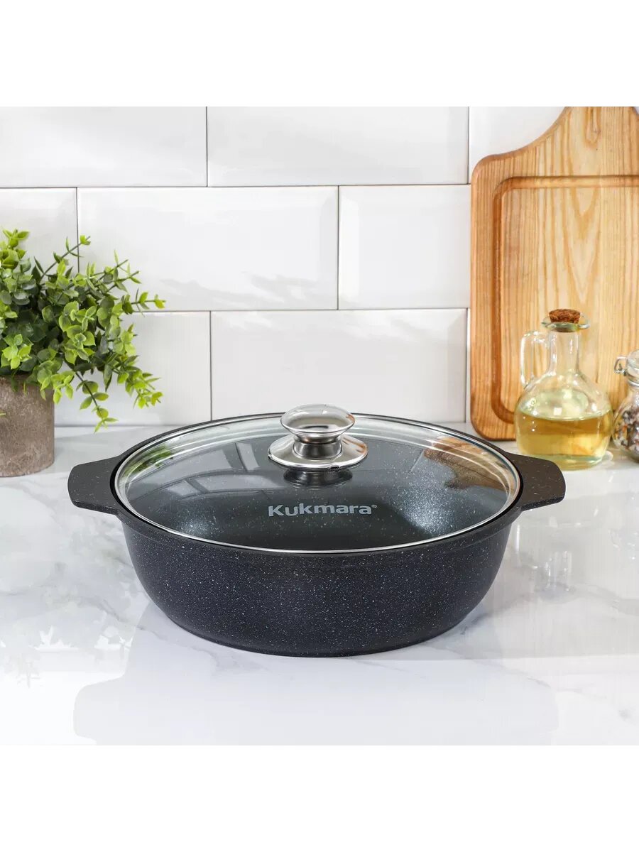 Кастрюля жаровня 3 л "Темный мрамoр" с крышкой