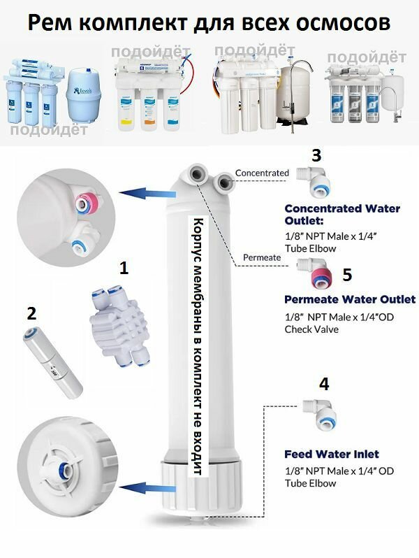 Набор клапанов/запчастей для фильтра обратного осмоса STD 450, 460, 550, 560 (Четырёхходовой клапан, контроллер дренажа 300 мл/мин, обратный угловой 1/8" резьба)