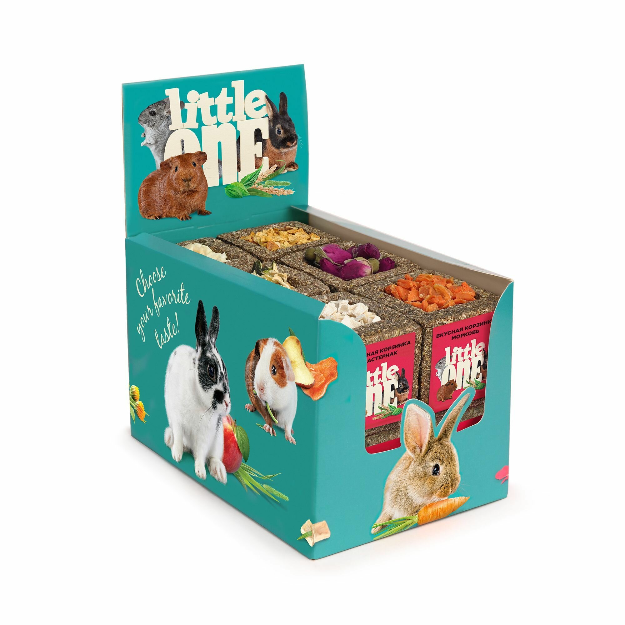 Лакомство для грызунов Little One Корзинки из луговых трав, ассорти, 12 корзинок по 65г в 1 шоубоксе