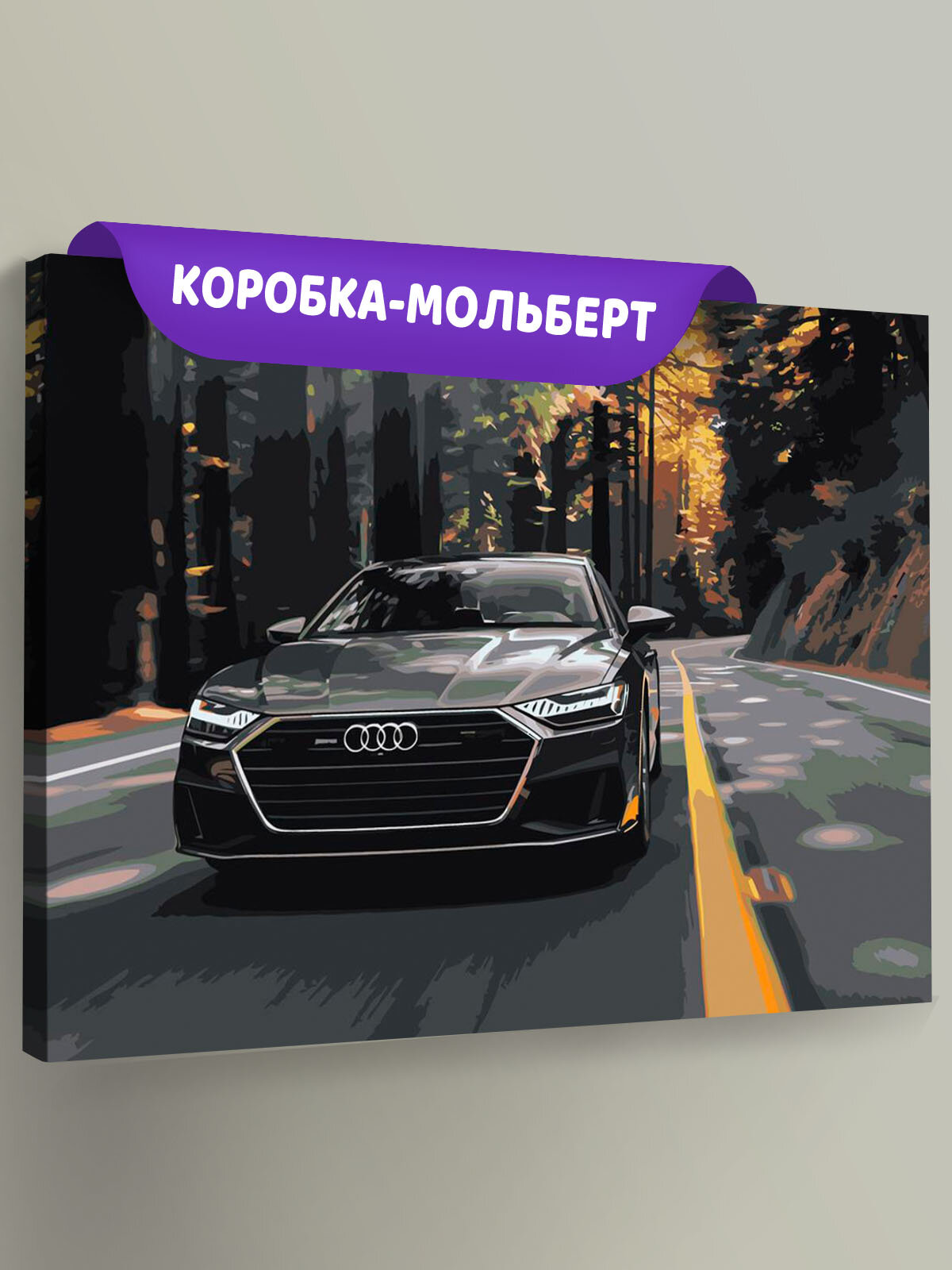 Картина по номерам на холсте с подрамником "Машина Ауди на дороге в лесу" Раскраска 40x50 см, Пейзажи Автомобиль Природа