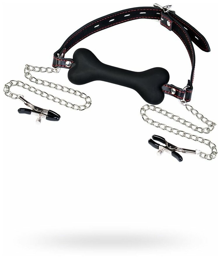 Кляп Bad Kitty в виде косточки с зажимами для сосков , черный