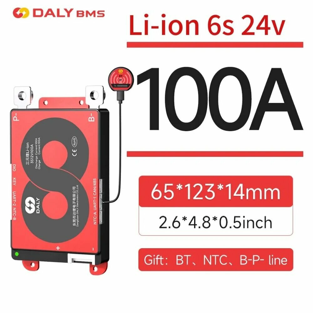 DALY SMART BMS 100A Li-ion 6S 24V Поддержка непрерывного тока 100A с Bluetooth и функцией балансировки UART/ RS485/CAN