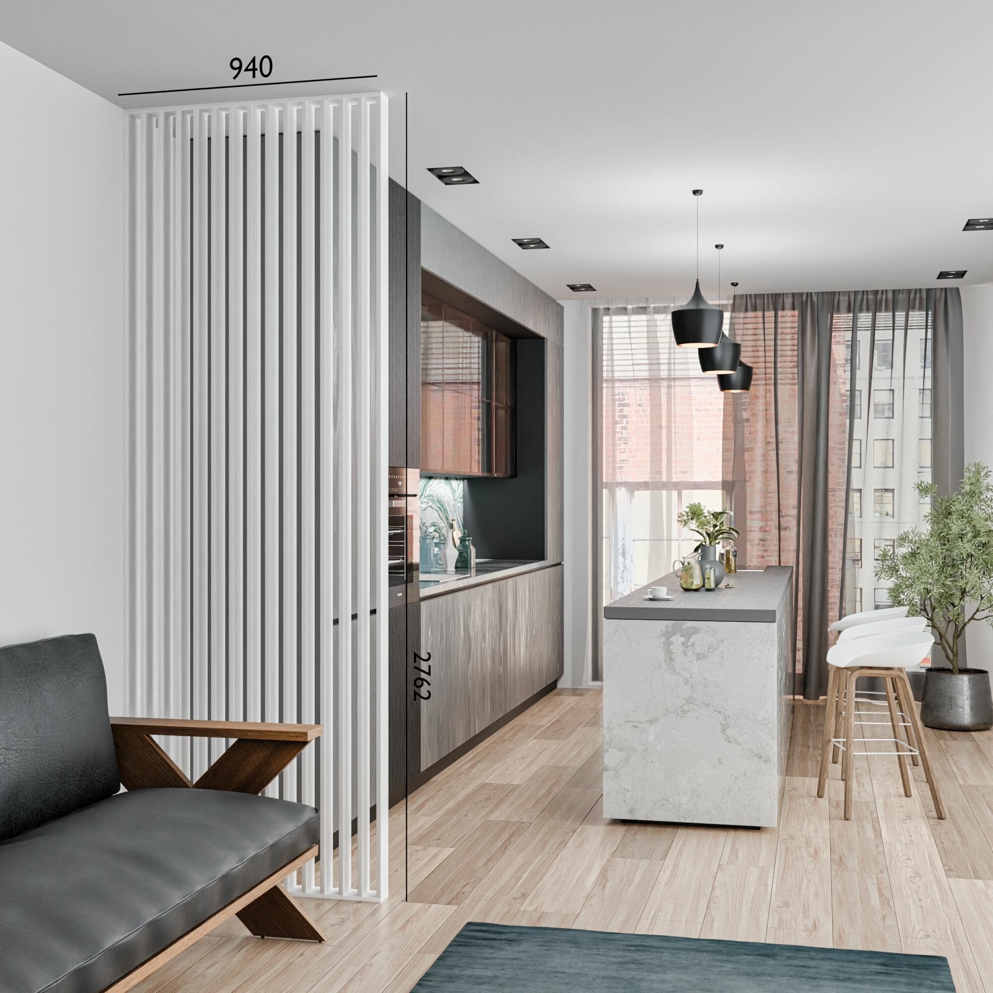 Реечная перегородка для зонирования 940 мм, 16х80мм, белый, reiki club