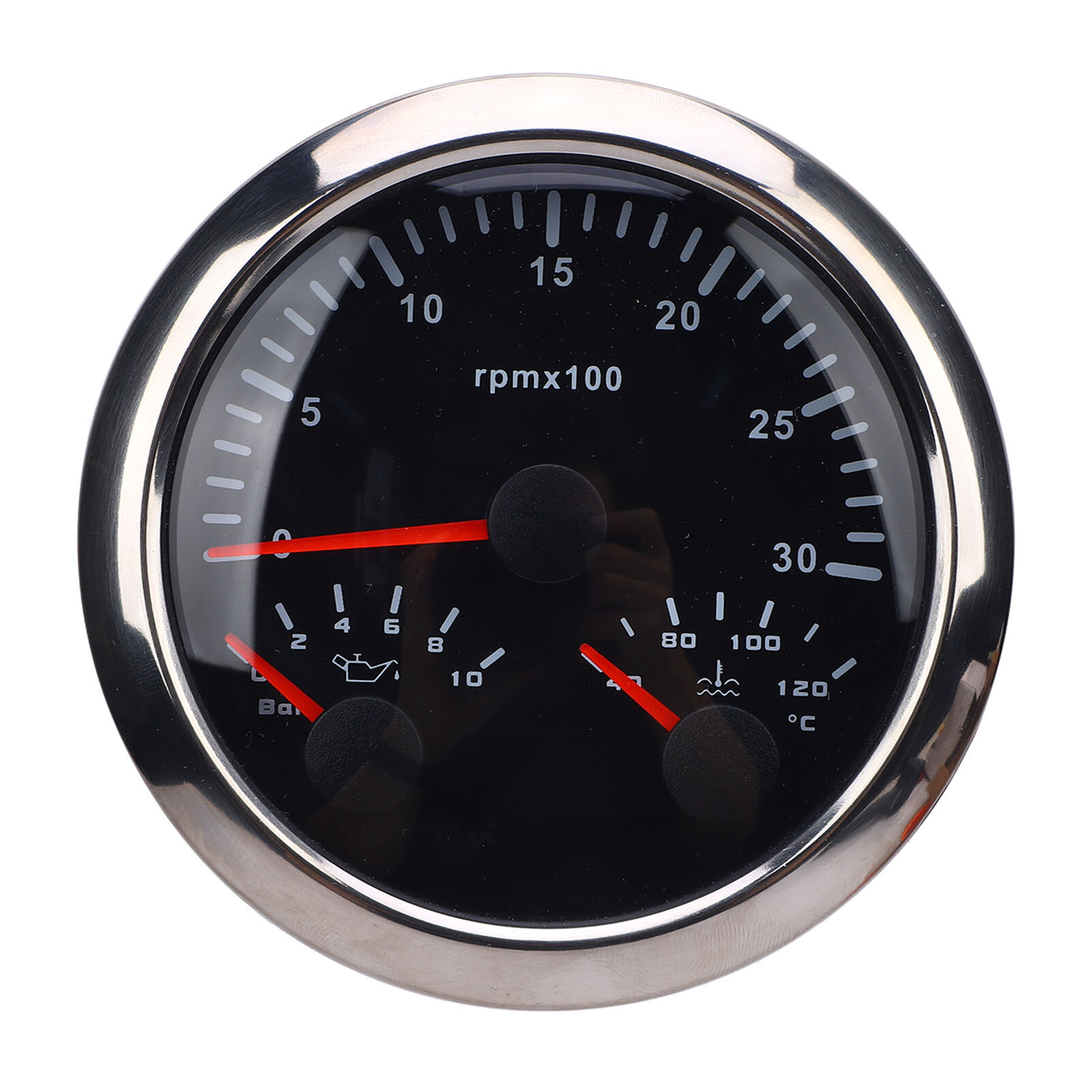 85-мм тахометр на 3000 об/мин, многофункциональный прибор 3 в 1, измерение давления масла от 0 до 10 бар, температуры воды от 40 до 120°, со счетчиком моточасов для автодомов, яхт, грузовиков, черный циферблат, серебристый ободок CX8281