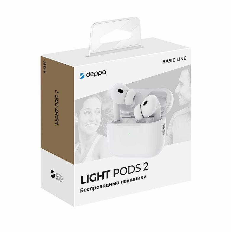 Беспроводные наушники с микрофоном Light Pro 2 , TWS, BT 5.4, 300 мАч, белый, Deppa 44230