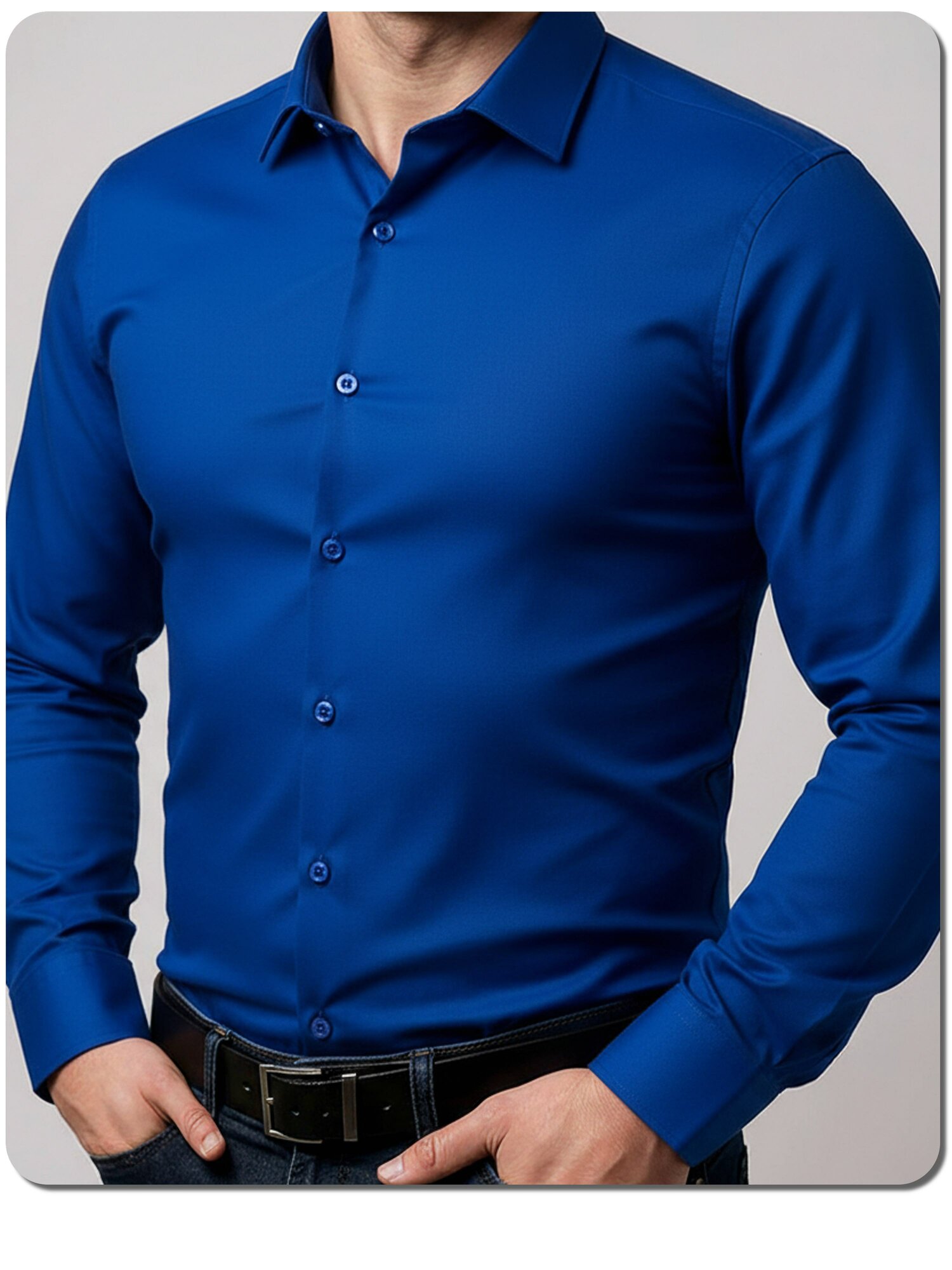 Рубашка Мужская рубашка с длинным рукавом приталенная, темная сорочка на пуговицах, рубаха на любой сезон, синяя однотонная, без карманов, на любой сезон и на лето рубашка Slim fit с приталенным кроем зауженн