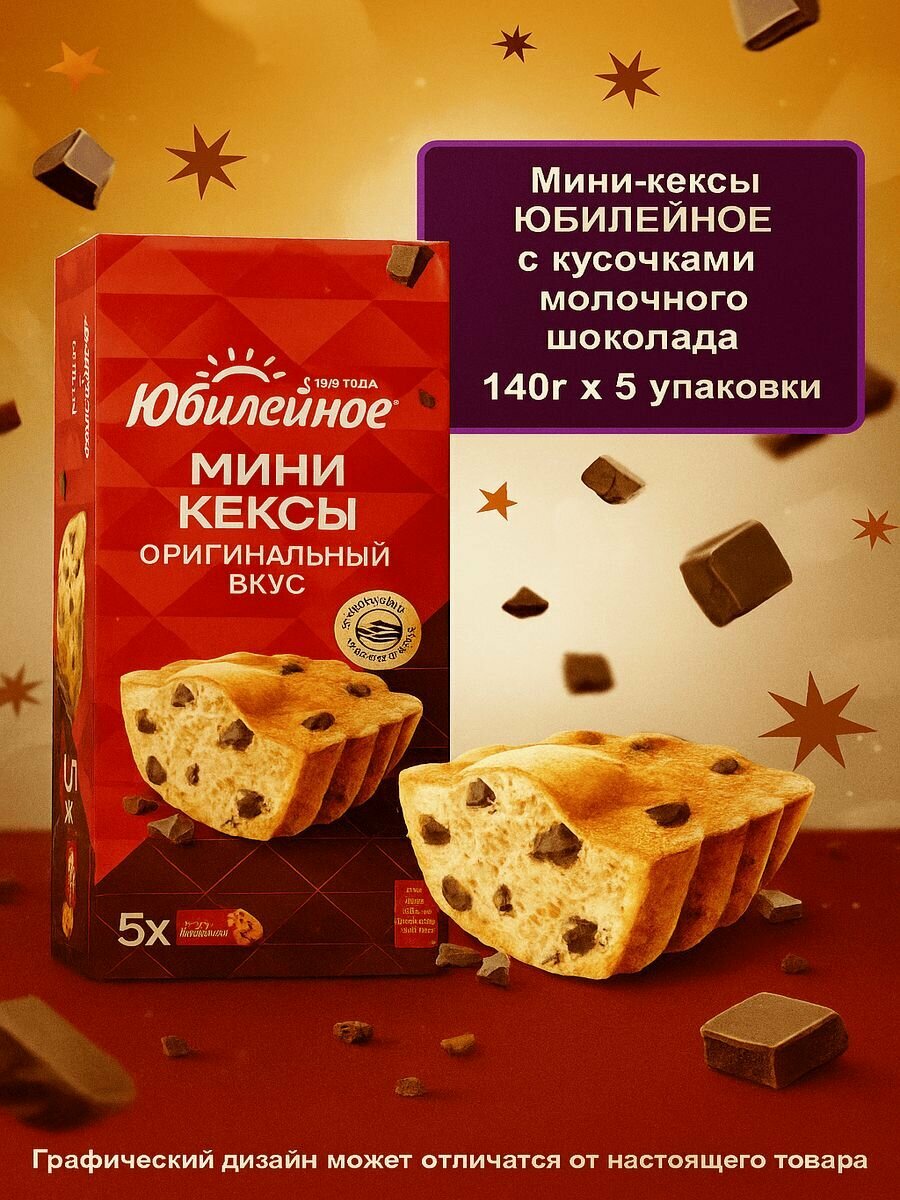 Мини-кексы юбилейное с кусочками молочного шоколада, 140г x 5 упаковок