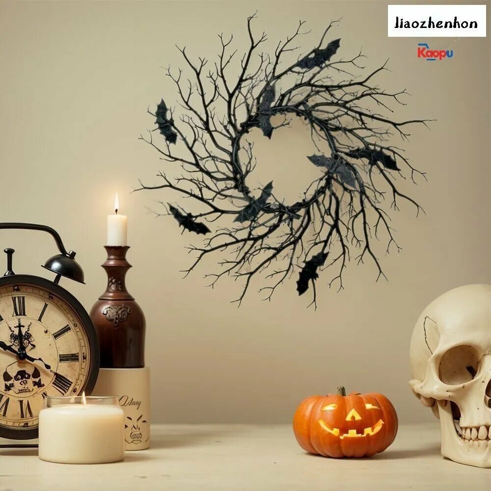 Венки ручной работы, ветви черной летучей мыши, украшения для Хэллоуина (Гирлянды и летучие мыши, без света)