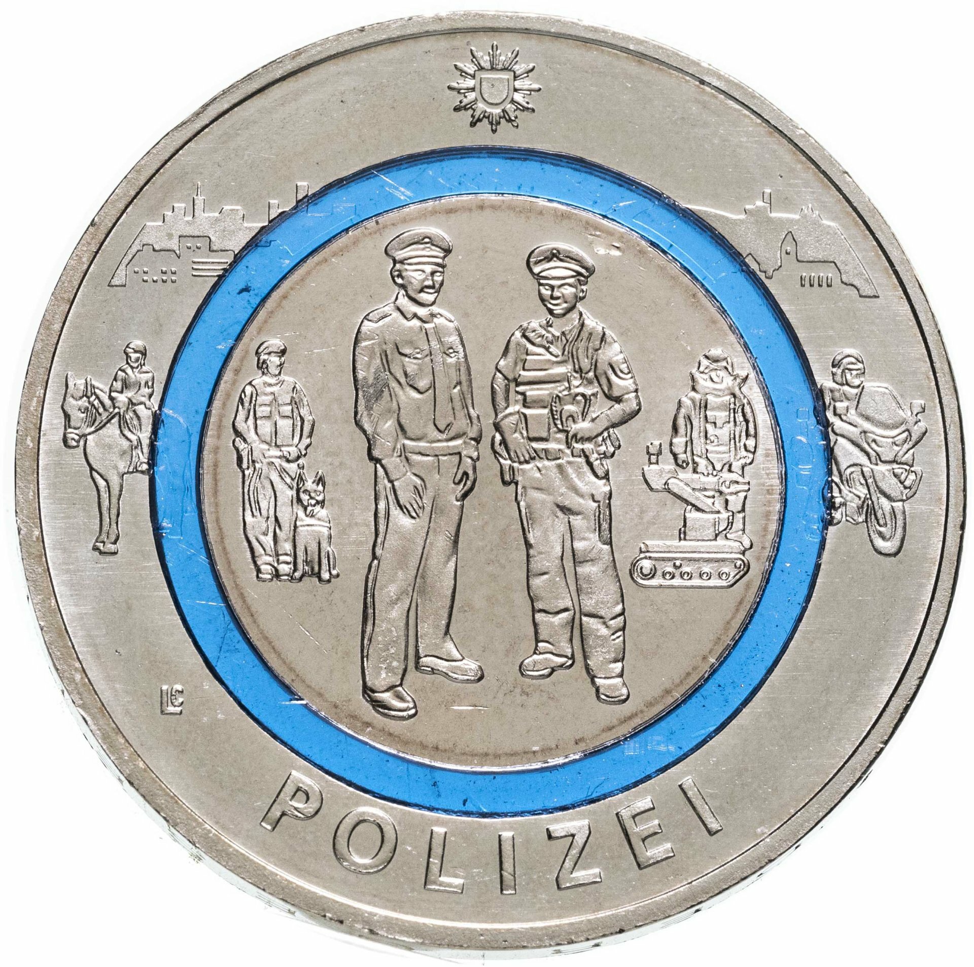 Германия 10 евро 2024 На службе общества - Полиция, двор D, Три-металл: центр - Медно-никелевый сплав, внутреннее кольцо - Полимер