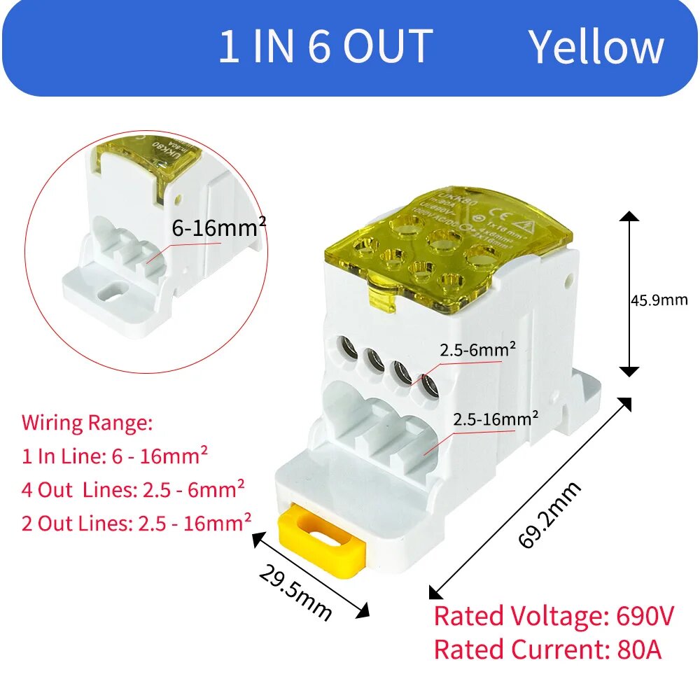 Клеммный блок 1 IN 6 OUT, UKK80A Yellow
