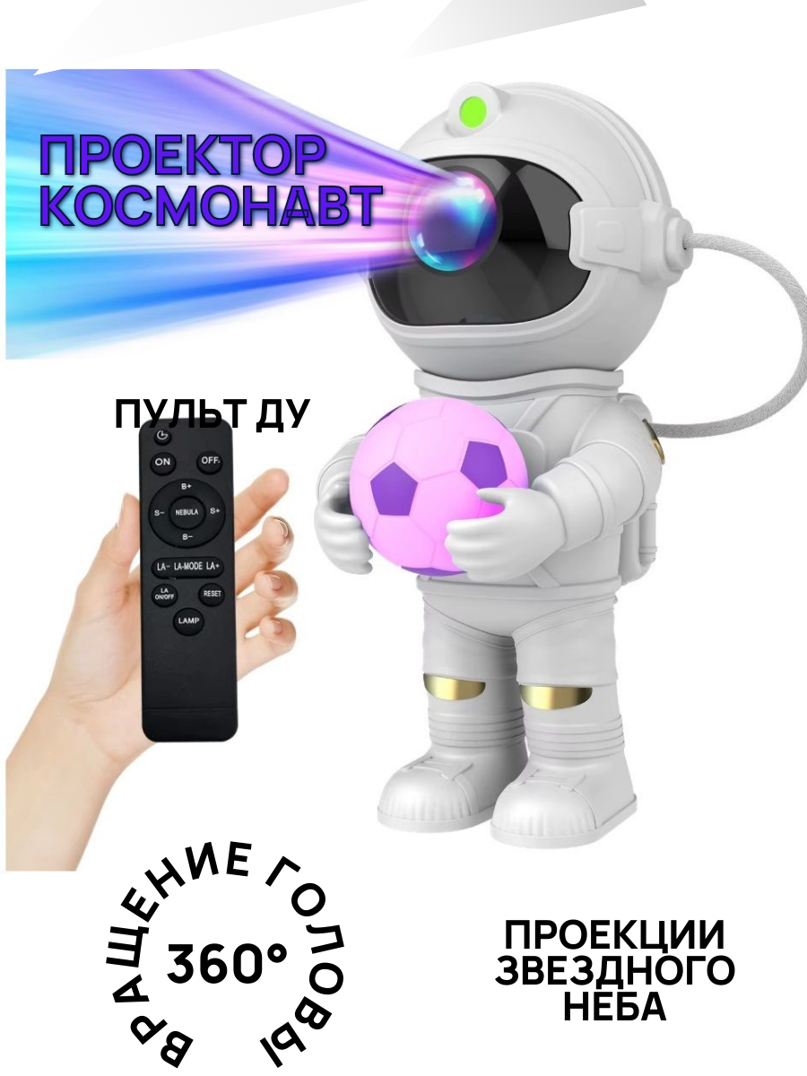 Проектор звездного неба Космонавт с футбольным мячом / Ночник светильник LED с пультом ДУ белый