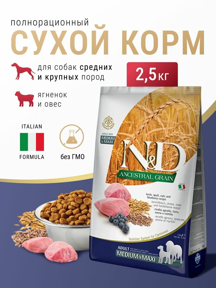 Farmina N&D Medium&Maxi Сухой низкозерновой корм для взрослых собак средних и крупных пород, с ягненком, спельтой, овсом и черникой, 2,5 кг