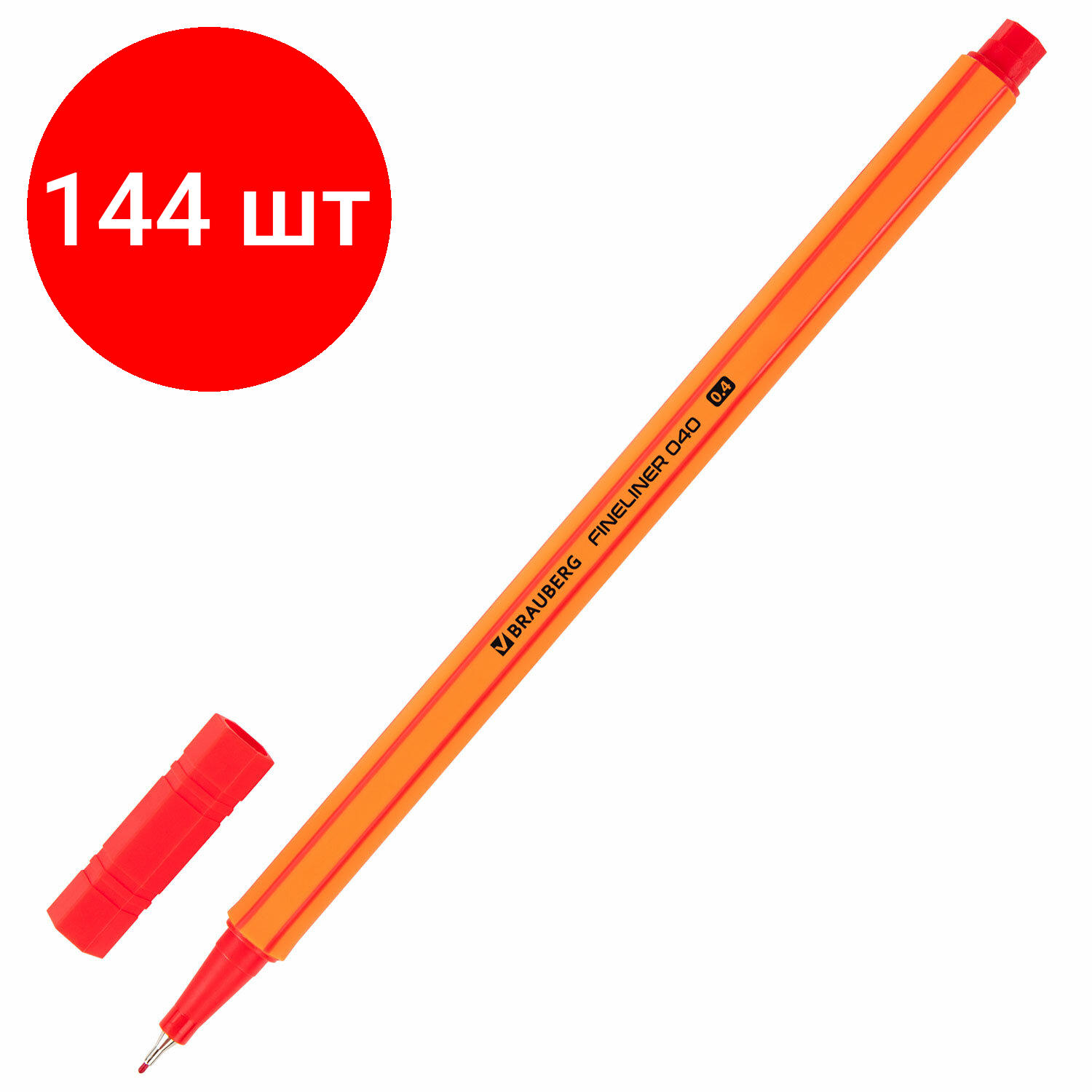 Комплект 144 шт, Ручка капиллярная (линер) красная, BRAUBERG "FINE 040", шестигранная, линия письма 0.4 мм, 144142