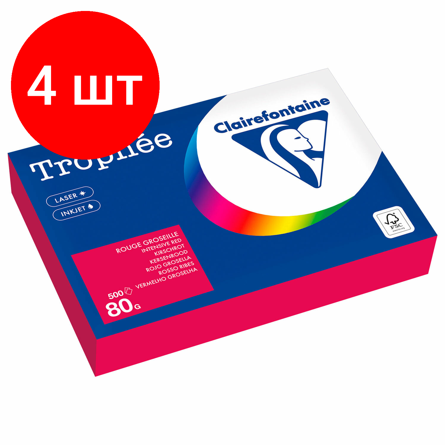 Комплект 4 шт, Бумага цветная CLAIREFONTAINE, А4, 80 г/м2, 500 л, интенсив, красный, 1782C, 1782PC