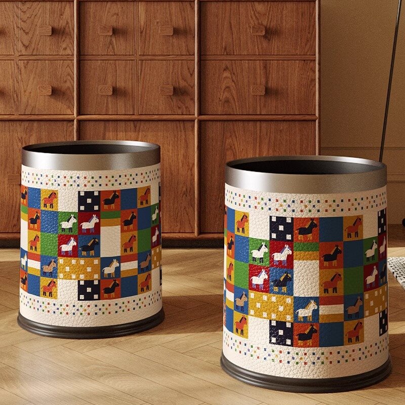 Французский стиль кожаного мусорного ведра для домашнего использования, гостиной, винтажной спальни, ретро-легкой роскоши, высокой эстетики для кухни и ванной с двойным слоем