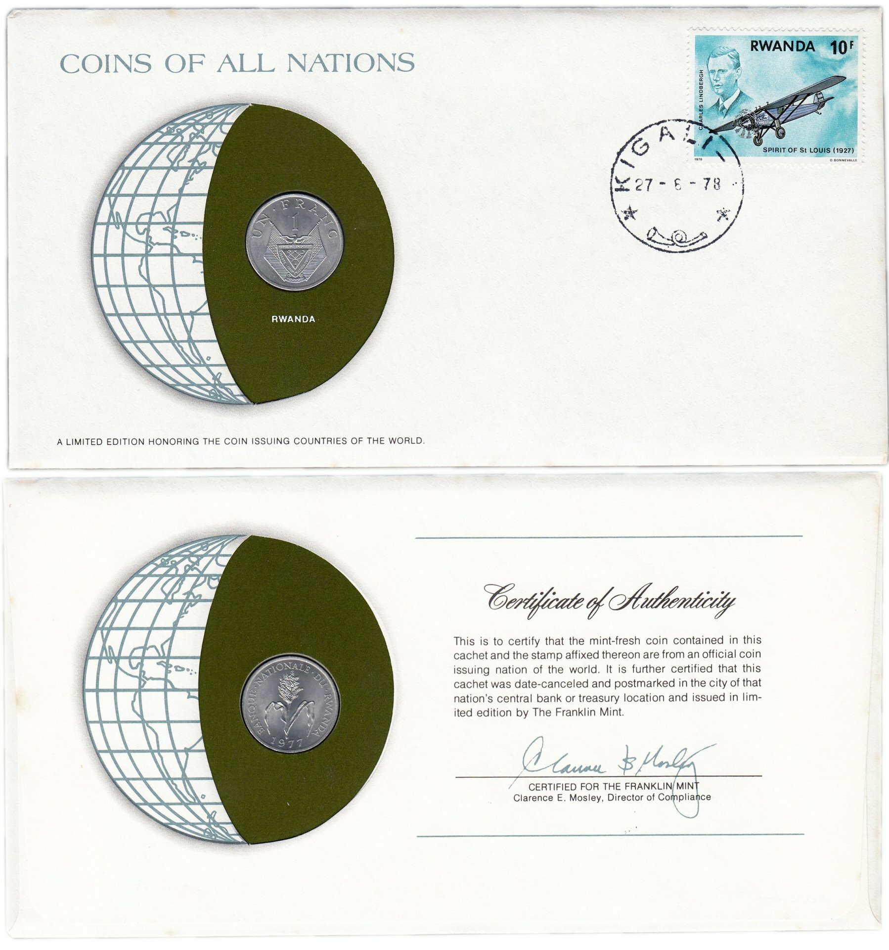 Серия "Монеты всех стран мира" - Руанда 1 франк franc 1977 монета и 1 марка в конверте, Алюминий, в сохранности UNC