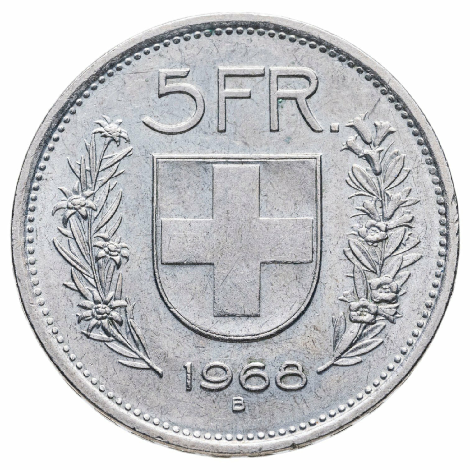 Швейцария 5 франков francs 1968 "В", Мельхиор медь-никель, в сохранности XF