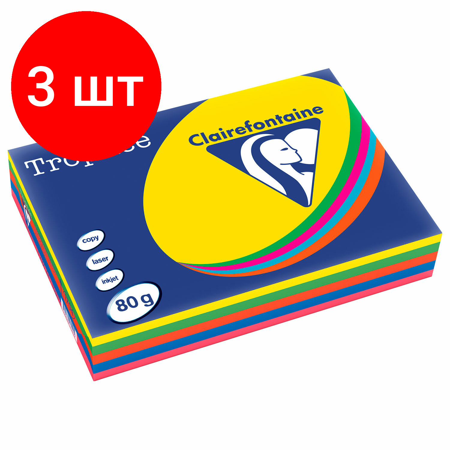 Комплект 3 шт, Бумага цветная CLAIREFONTAINE, А4, 80 г/м2, 500 л. (5 цветов x 100 л.), микс интенсив, 1704SC