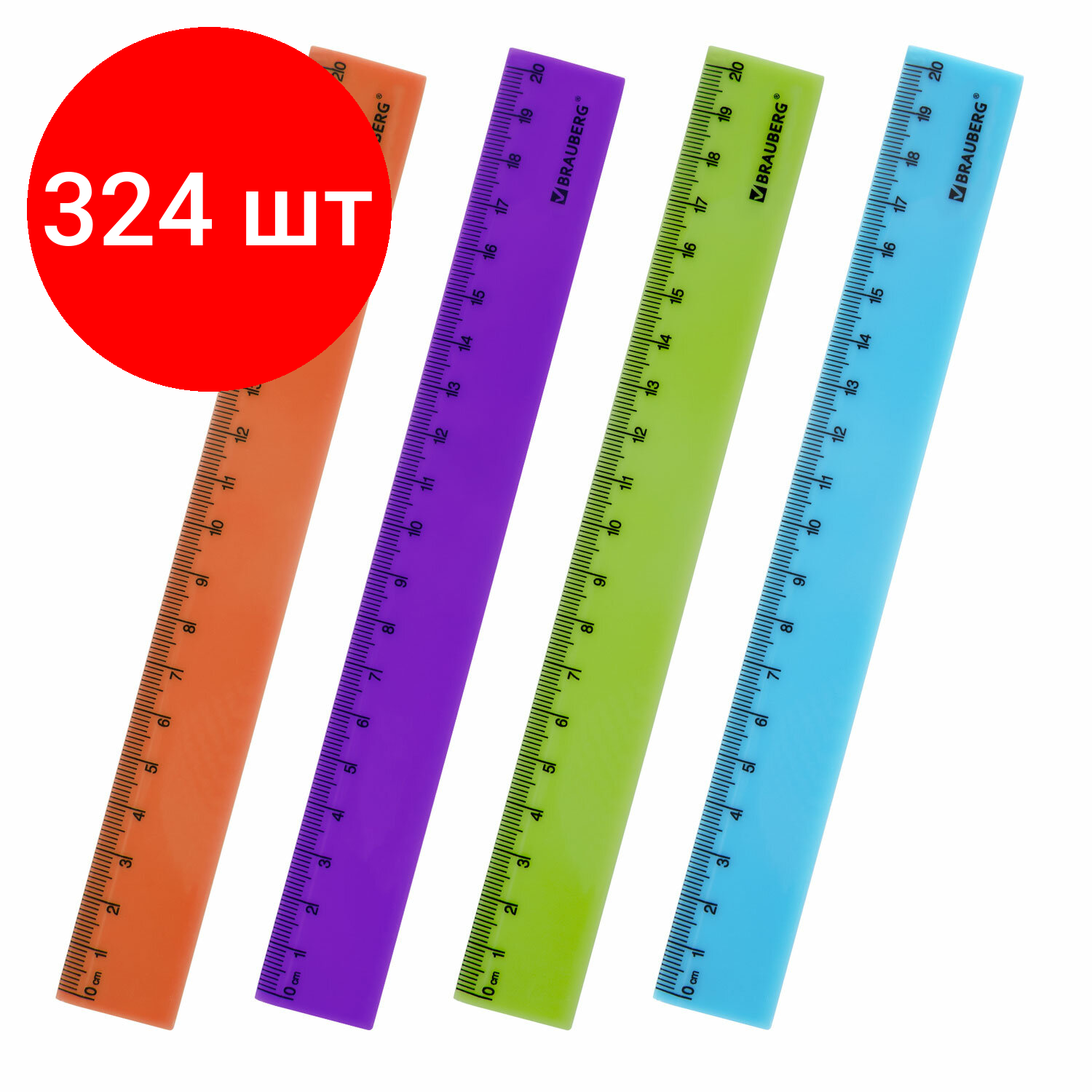 Комплект 324 шт, Линейка пластиковая 20 см BRAUBERG "NEON", непрозрачная, ассорти, 210773