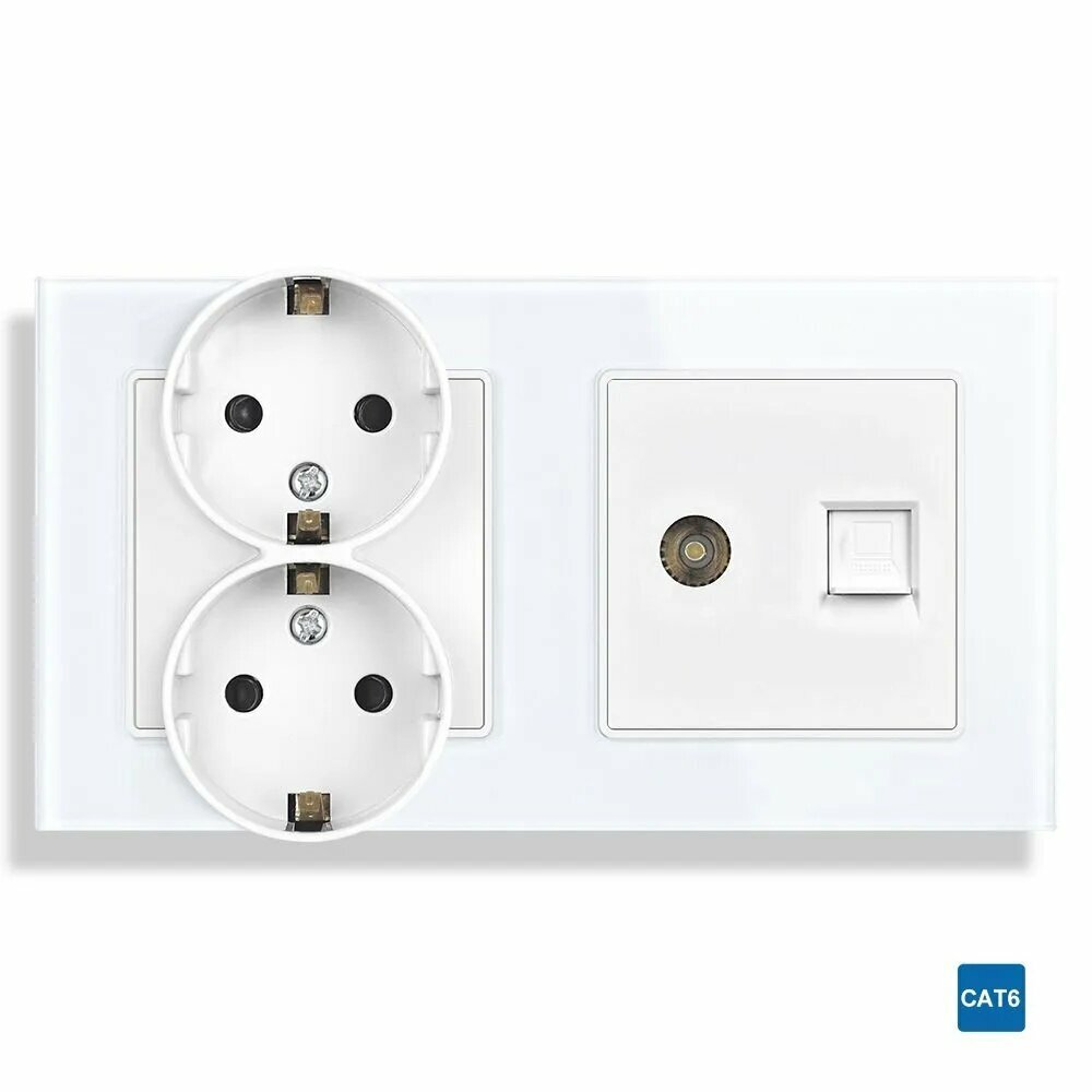 Розетка электрическая 2 поста 220В +Розетка ТВ-Компьютер RJ-45 CAT6 Белый, Рамка из закаленного стекла 153мм*82мм.
