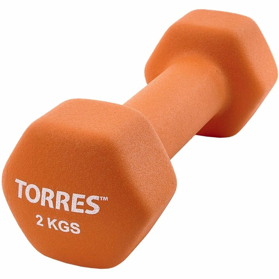 Гантель TORRES 2 кг, PL55012, металл в неопреновой оболочке, 6гр, оранжевый, 2009747