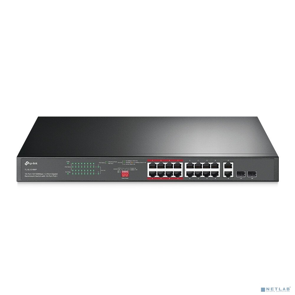 TP-Link TL-SL1218MP Неуправляемый коммутатор с 16 портами PoE+ 10/100 Мбит/с и 2 комбинированными портами RJ45/SFP