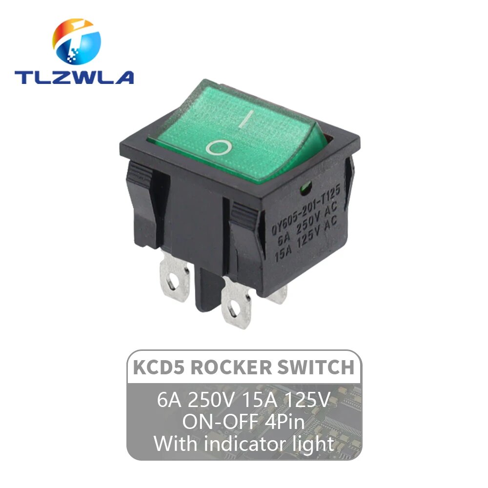 Rocker Switch KCD5 6A 250V 15A 125V 4Pin Green Light