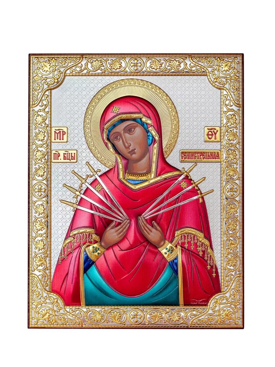 Икона серебряная, греческая Семистрельная БМ, 150х200мм