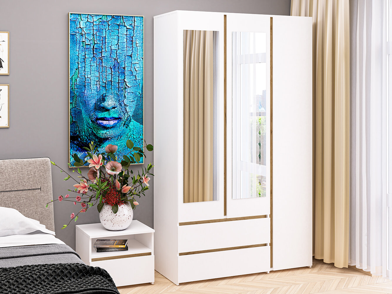 Шкаф "МК Пирамида" Шон-22 распашной, три двери, 2 ящика, зеркала, цвет белый-золотой/ белый, 207х120х52 см