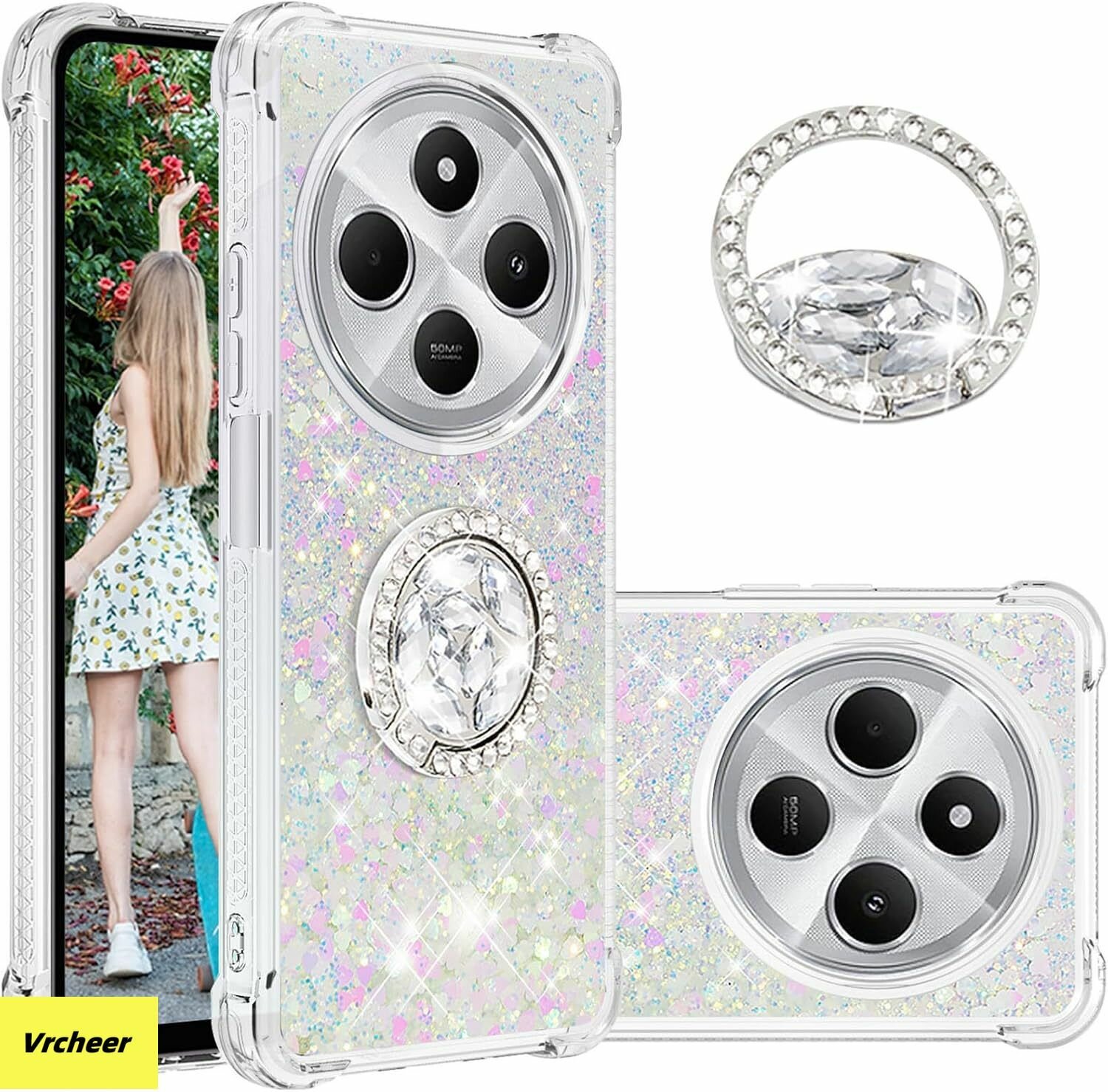 Противоударный Чехол для Redmi 14C/Poco C75 4G (Редми 14С/Поко С75 4G), блестящий Защитный прозрачный силиконовый чехол , с кольцом и с функцией подставки / женщина(белый, White)