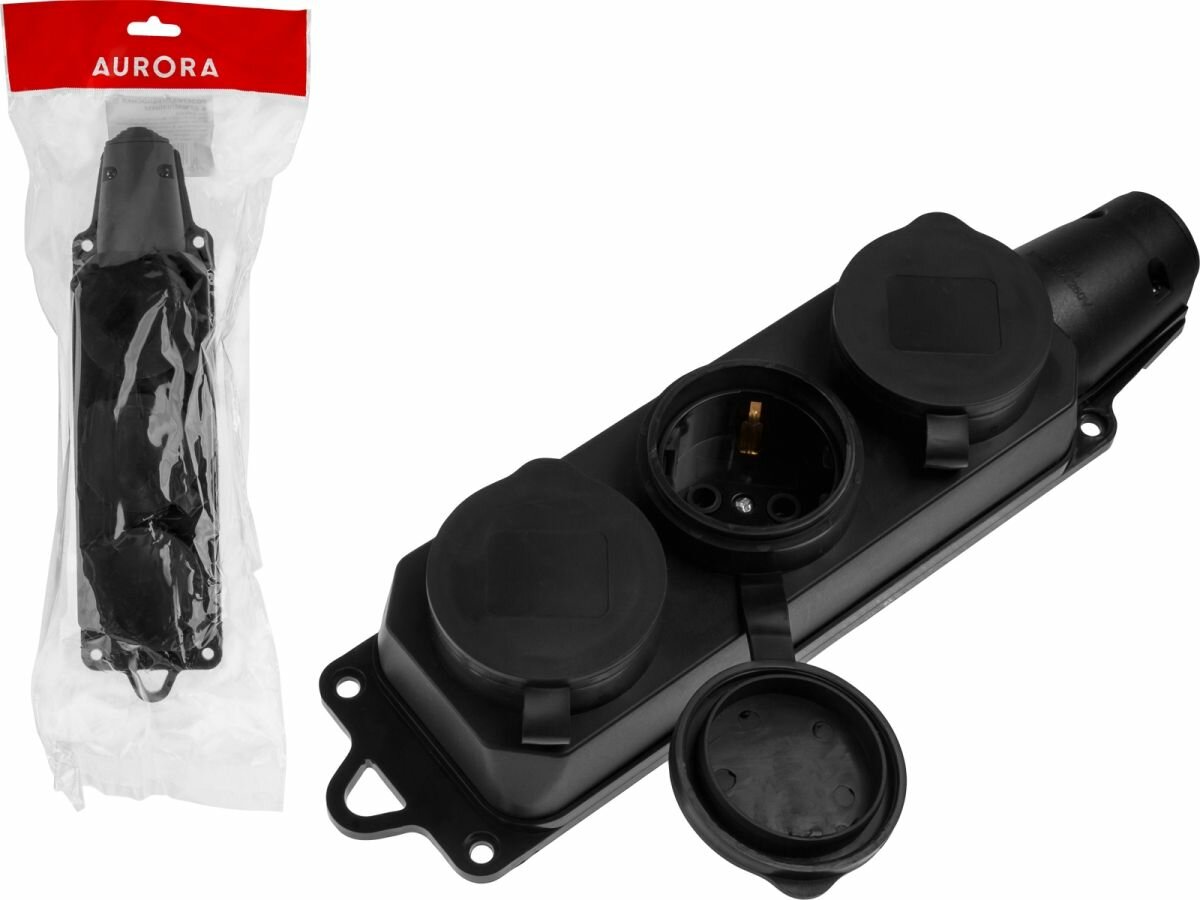 Розетка 3-ая переносная (с/з, 16А, 250В, брызг. защ.) каучук, черная, AURORA (A100-014)