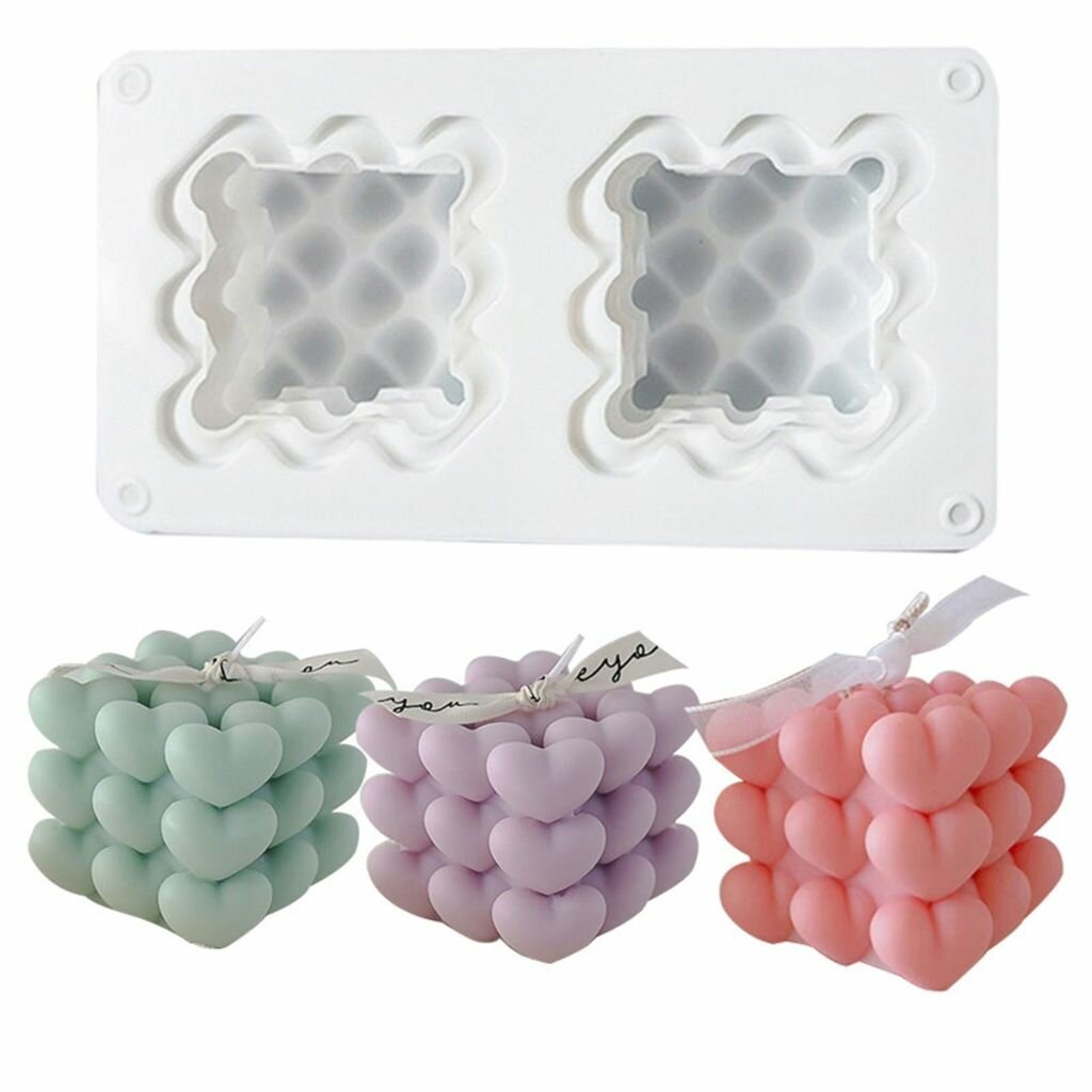 Силиконовый молд для литья, форма для свечей Heart Bubble Cube с эффектом сердечных пузырьков для рукоделия, декора и праздничных подарков