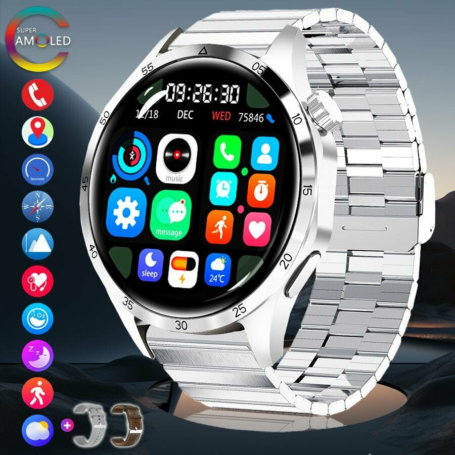 Стильные смарт часы мужские Limited Edition 2025, Series 4 Pro Max, 3 ремешка, 47mm, черный, NFC, с функцией вызова по Bluetooth