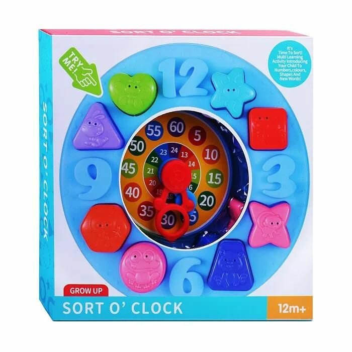 Игрушка-сортер Китай "Часы", 8 деталей, голубой циферблат, вращение стрелок, геометрические фигуры, в коробке