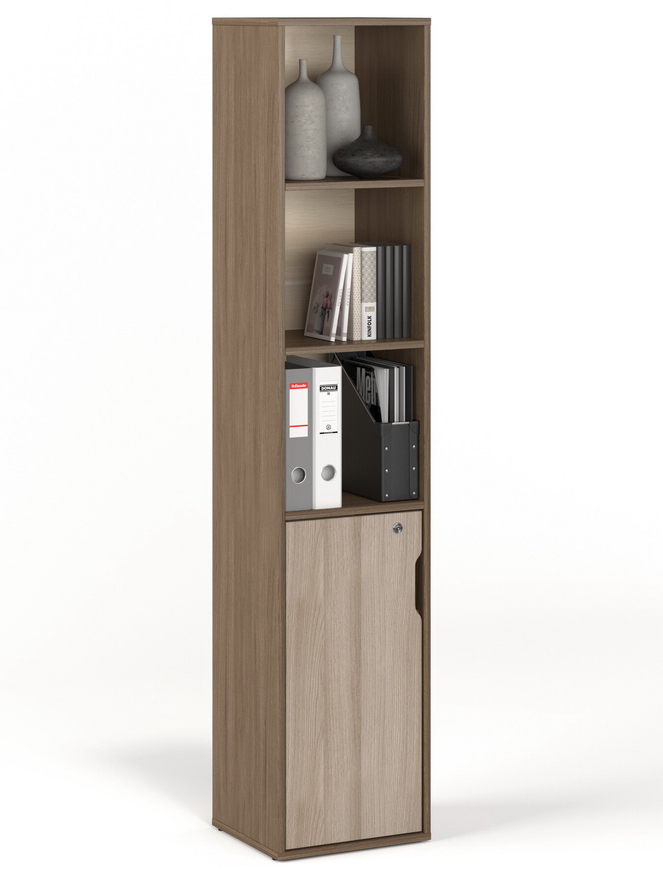 Стеллаж БАНГА-25 левый Ясень темный - Ясень светлый, с дверкой и отрытой полкой, (ВхШхГ) 177,2х36,8х32,6 см, ЛДСП