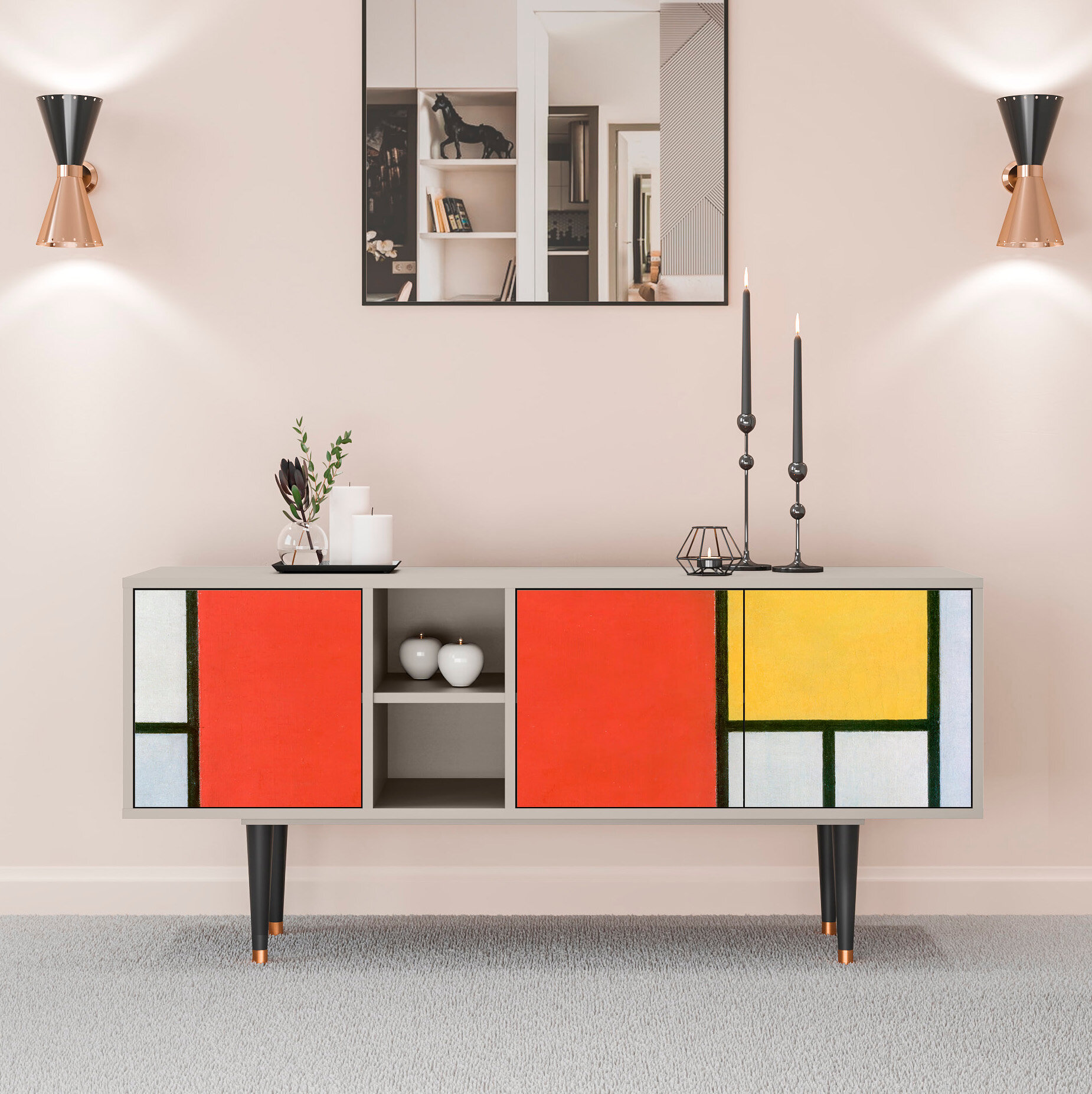 ТВ-Тумба - STORYZ - T5 Composition with Blue, Размер - 150 x 69 x 41 см, Цвет корпуса - , Red and Yellow by Piet Modrian, Размер - 150 x 69 x 41 см, Цвет корпуса - , Сатин