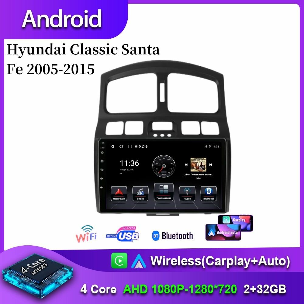 Штатная магнитола 2+32Гб для Hyundai Classic Santa Fe 2005-2015 2 DIN-Android Auto-Carplay-Мультимедиа автомабиля RHD