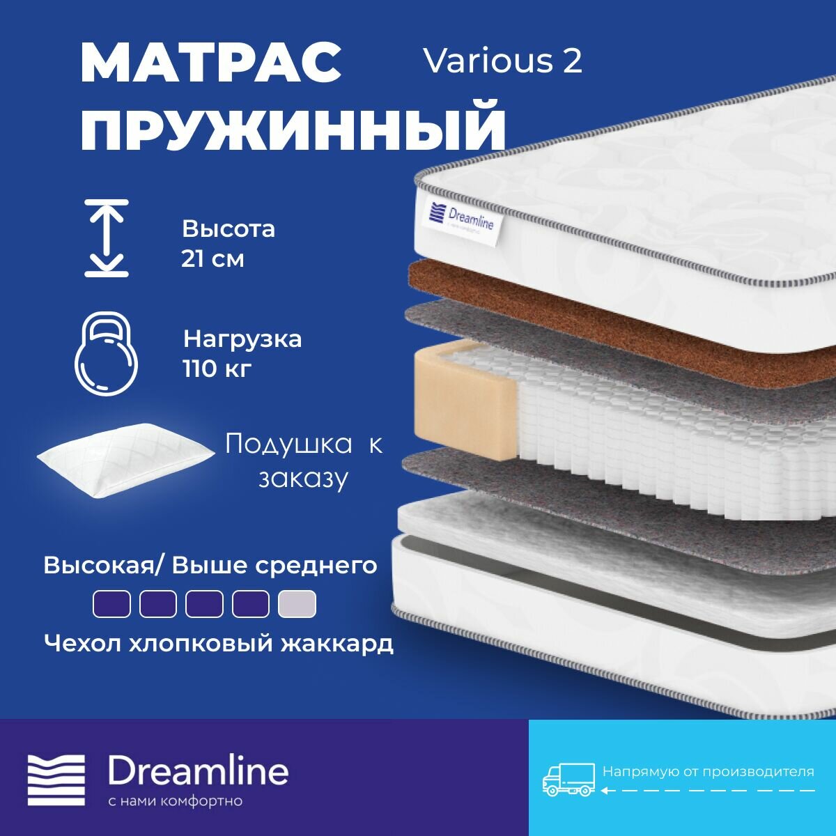Матрас Dreamline Various 2 180х200 анатомический жесткий средней жесткости кокосовый Независимые пружины высота 21 см