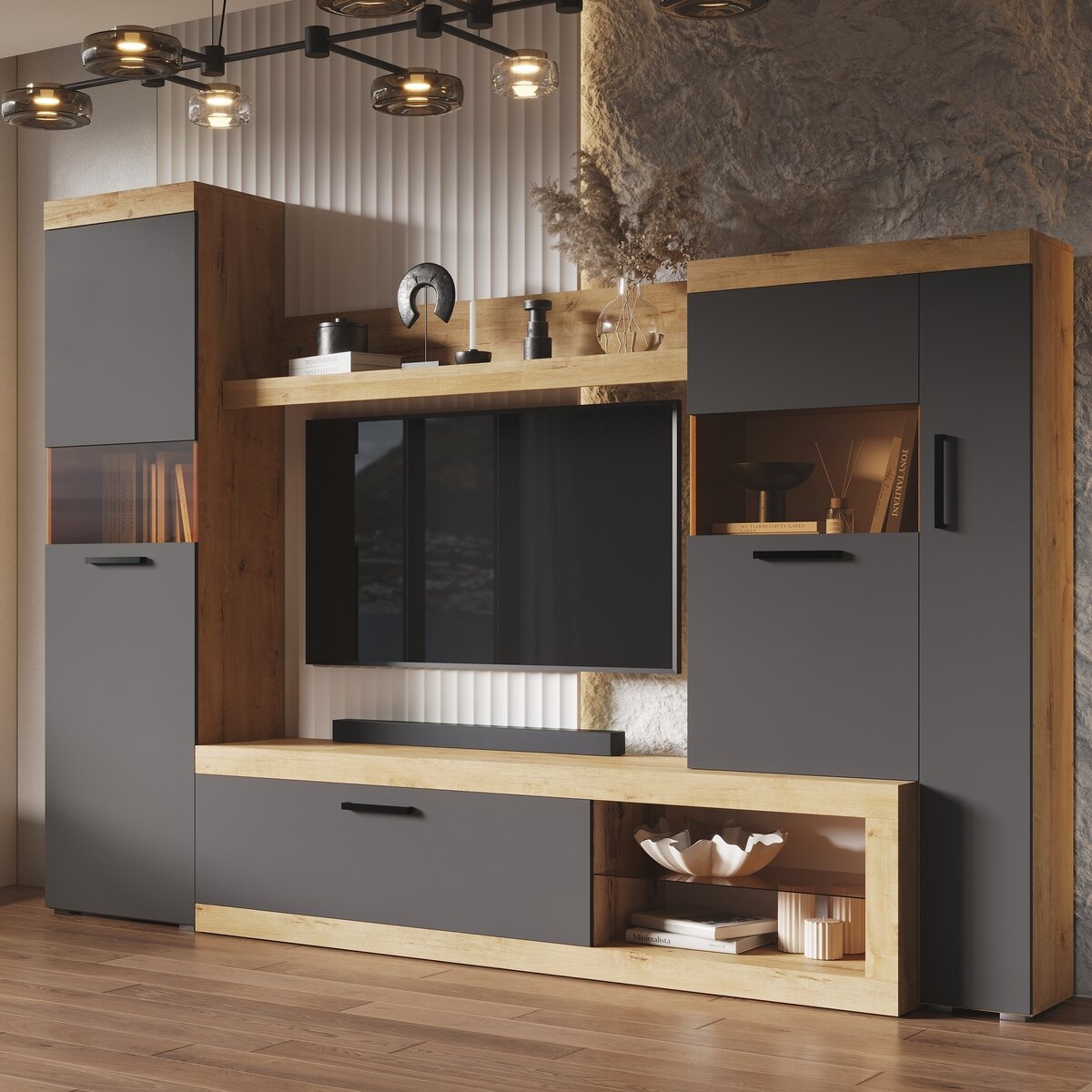 Гостиная, стенка для гостиной Бастон Эра Дуб Вотан/Графит, ш280,5*в200*г40 см