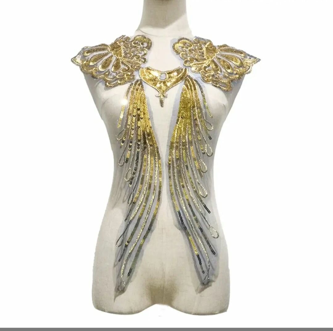 Декор для одежды аппликация из золотых пайеток на синей сетке 59*49 см