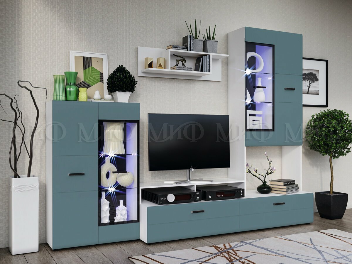 Гостиная мебель Миф Нэнси NEW МДФ Вариант №3 Браш Блю/ Белый с подсветкой