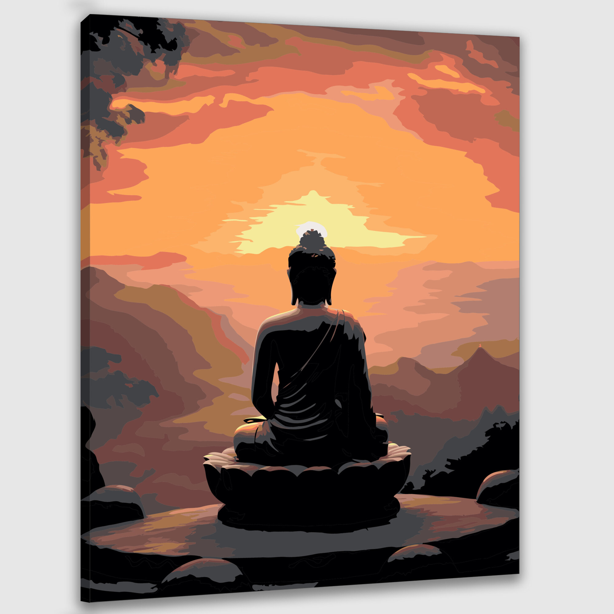 Картина по номерам 40x50 см, бронзовая статуя Будды, холмы, закатное небо, спокойствие, сила мудрости