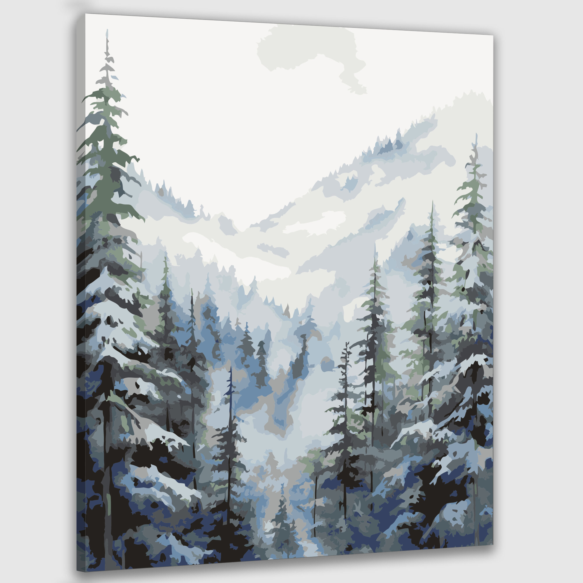 Картина по номерам 40x50 см, акварельная картина, заснеженные горы, туманные облака, сосновый лес, снежная пудра