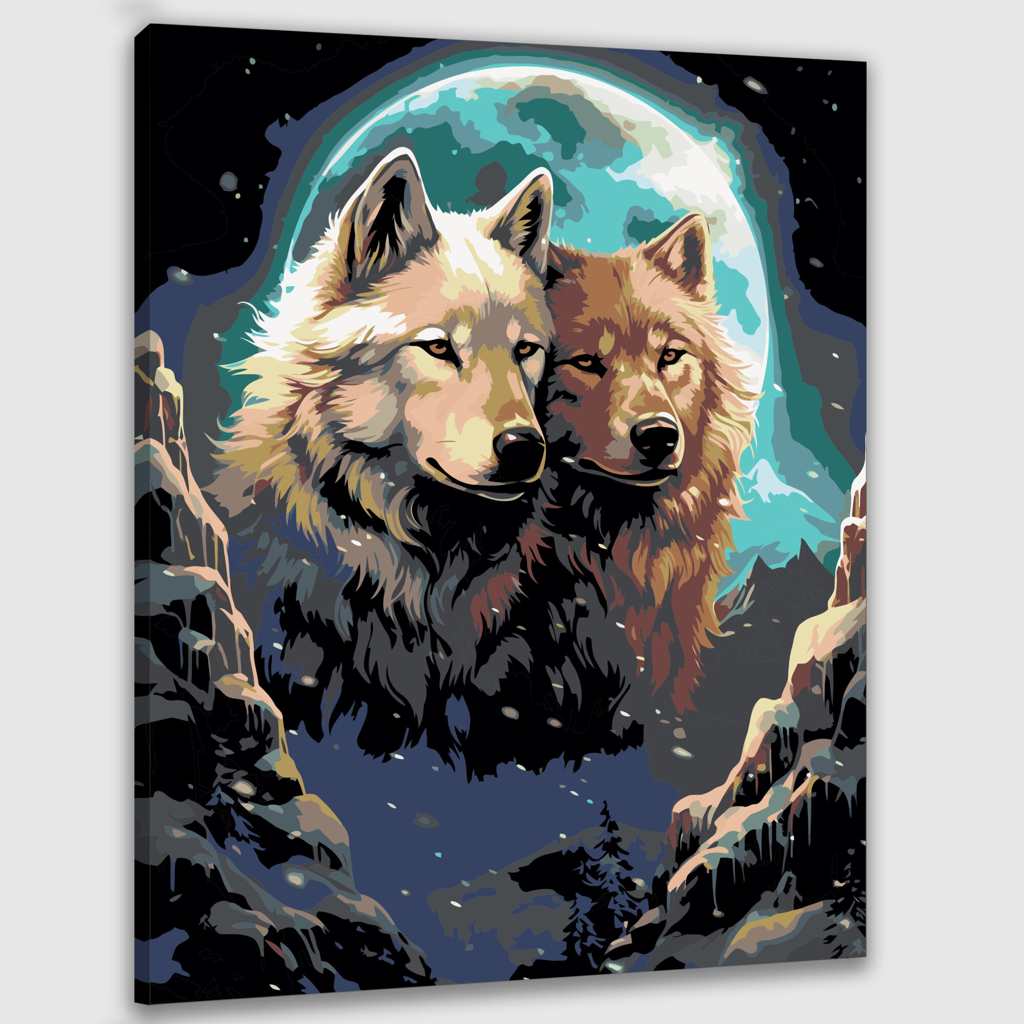 Картина по номерам 40x50 см, волки, мистическая встреча, заснеженные горы, полная луна, освещение, величественность