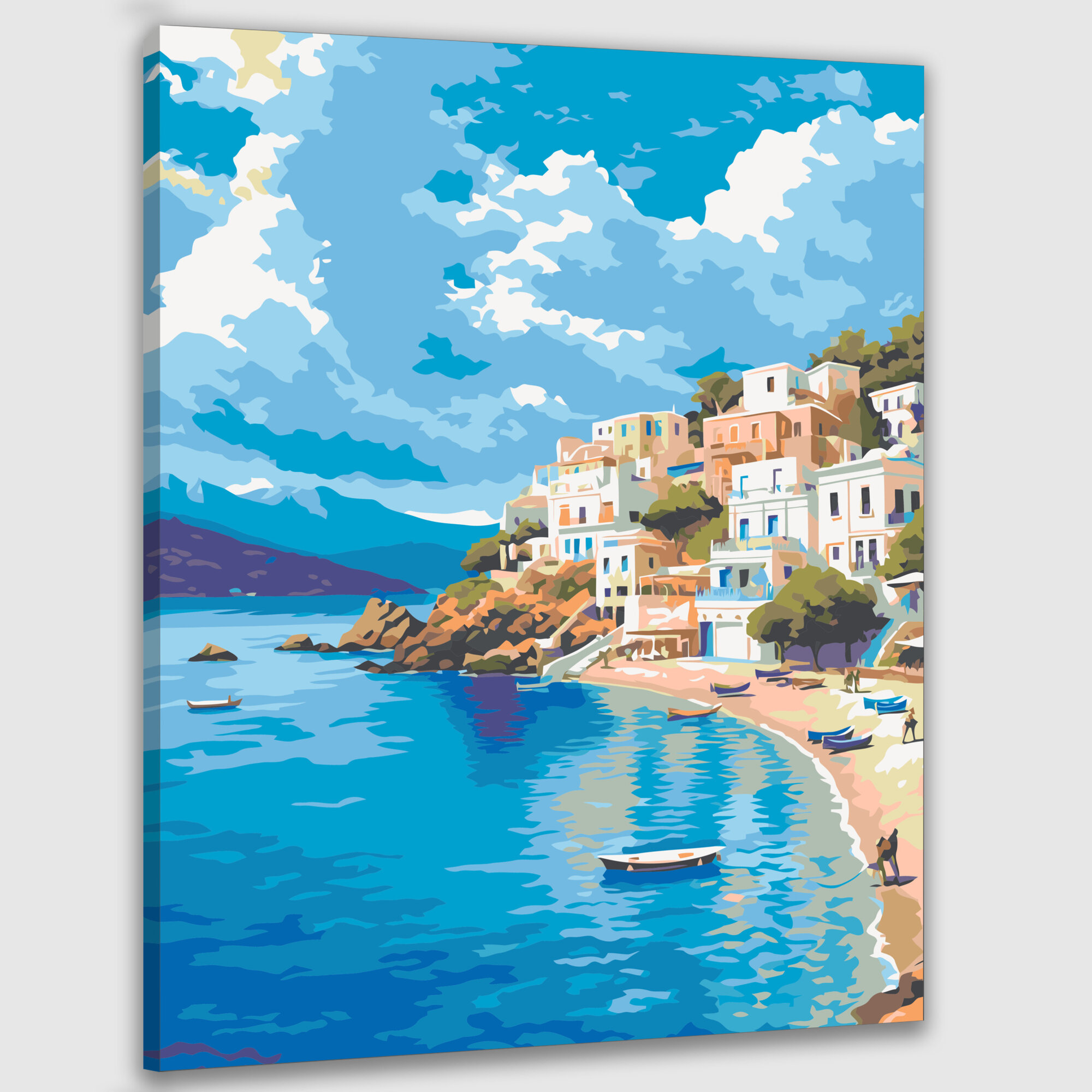 Картина по номерам 40x50 см, цифровая картина, морское побережье, Греция, закат, золотые оттенки, лазурные воды