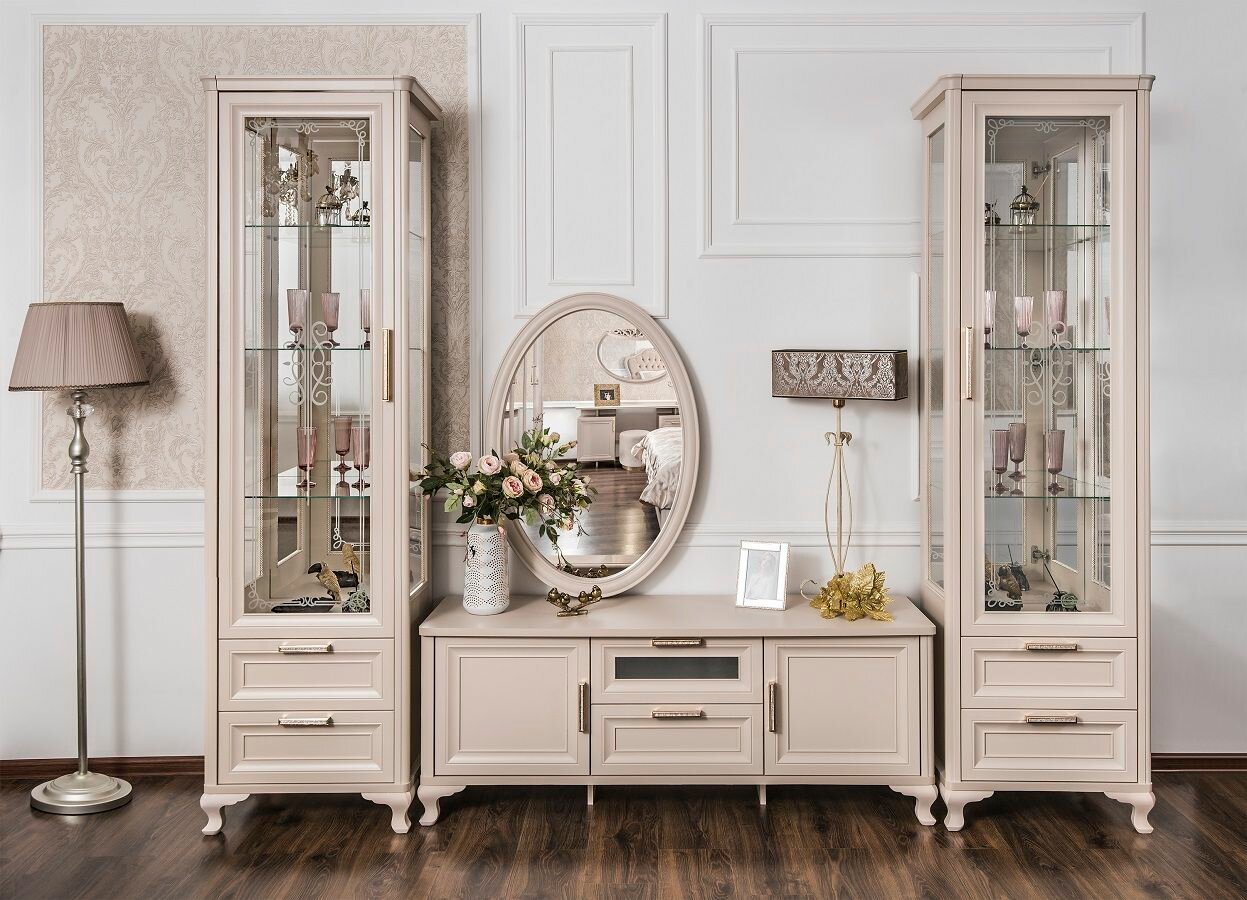 Гостиная "Alba Мокко", бежевая, стиль ар-деко, с ТВ, с витринами, с тумбой, ЛДСП, стекло