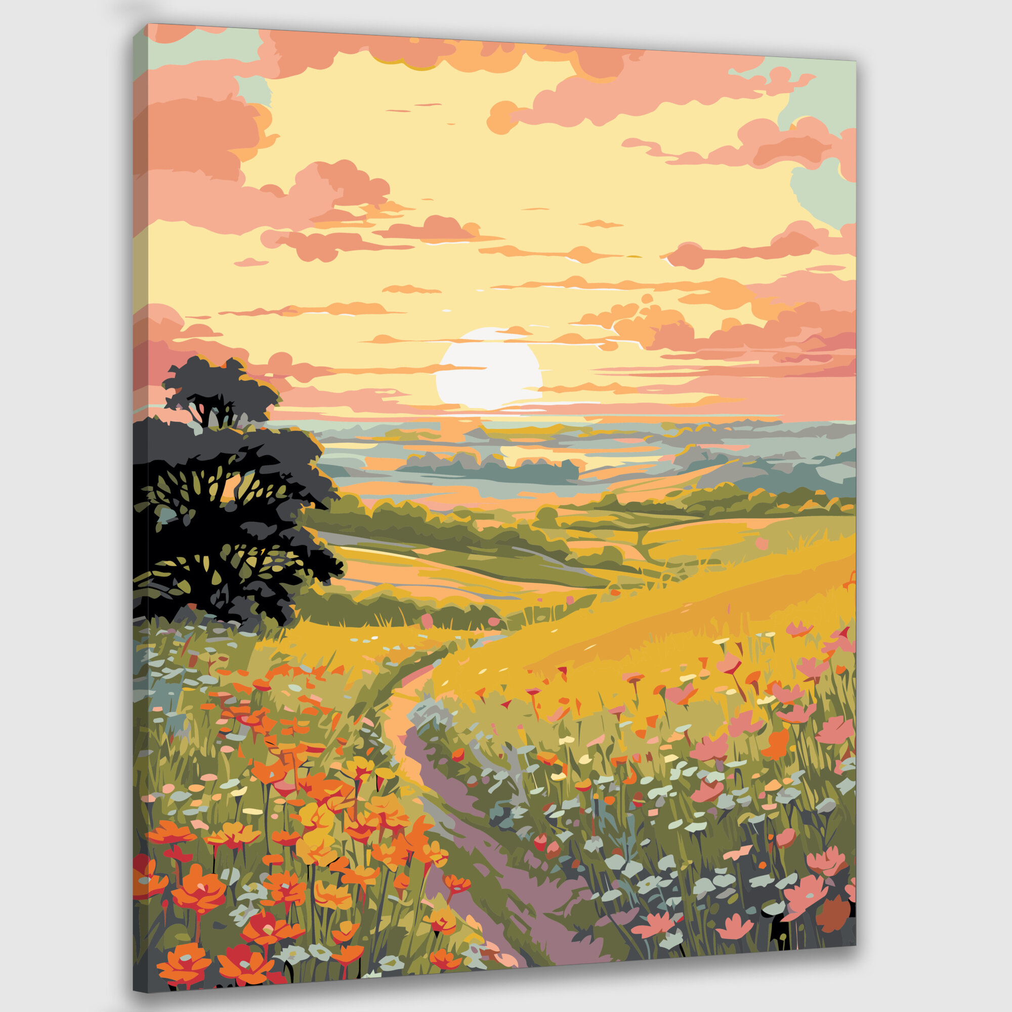 Картина по номерам 40x50 см, картина, иллюстрация, гуашь, луг, закат, пастельные тона, ветерок, полевые цветы
