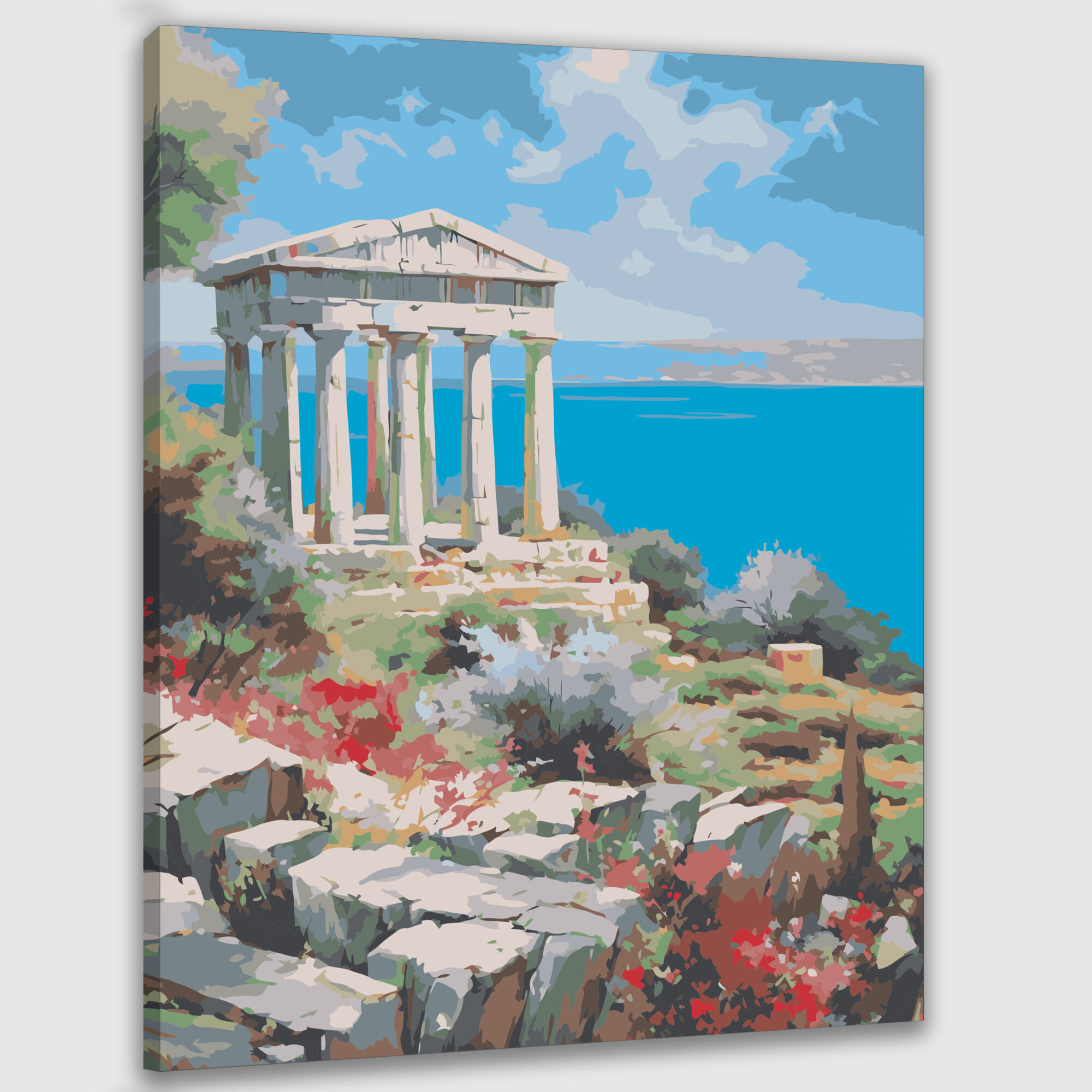 Картина по номерам 40x50 см, картина, масло, греческий храм, прибрежный пейзаж, бирюзовое море, каменный фасад, истории