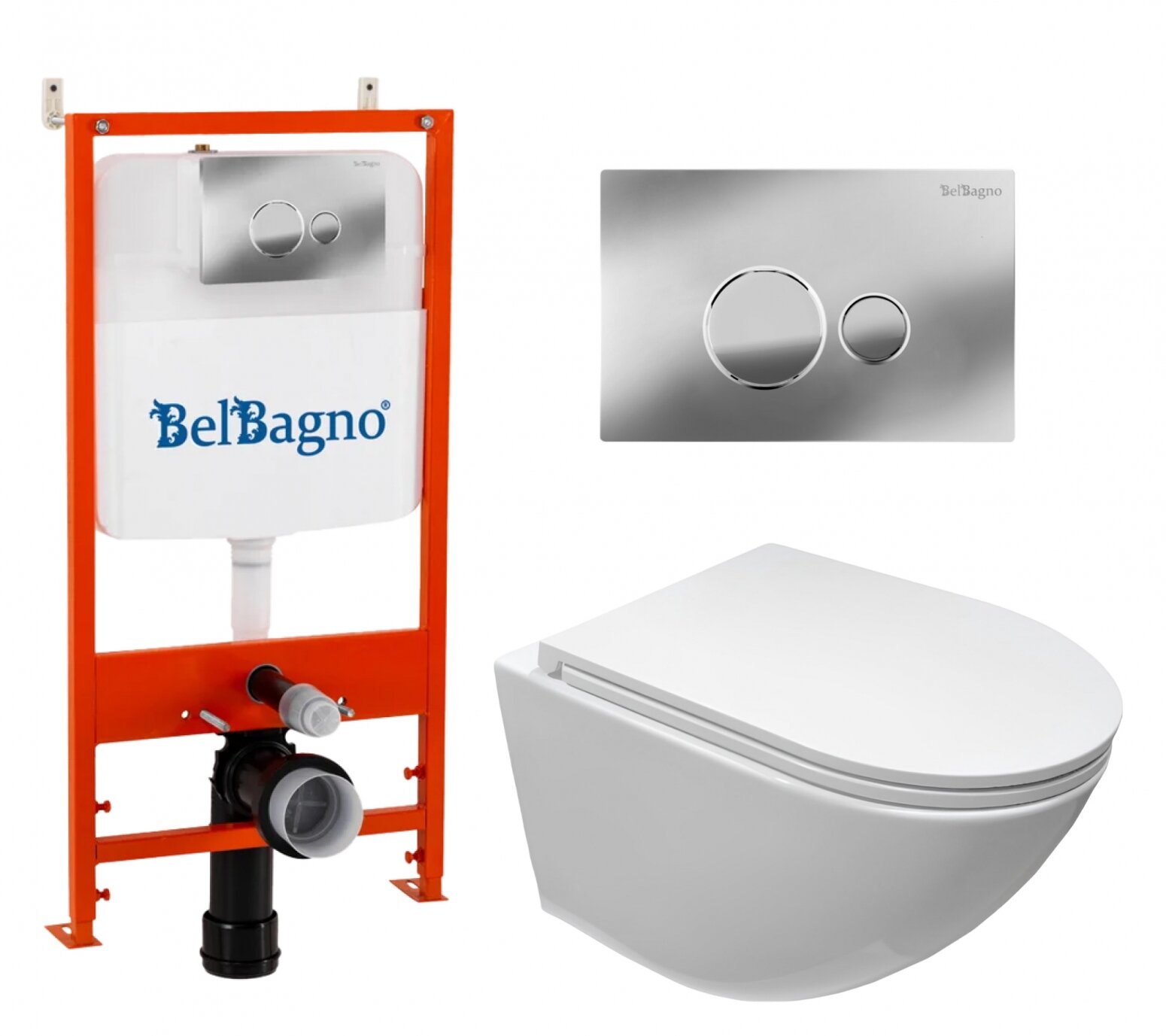 Комплект 3 в 1 инсталляция BelBagno BB026/BB081CR + Подвесной безободковый унитаз CeruttiSpa Sella aria CT7183 + кнопка хром глянцевая