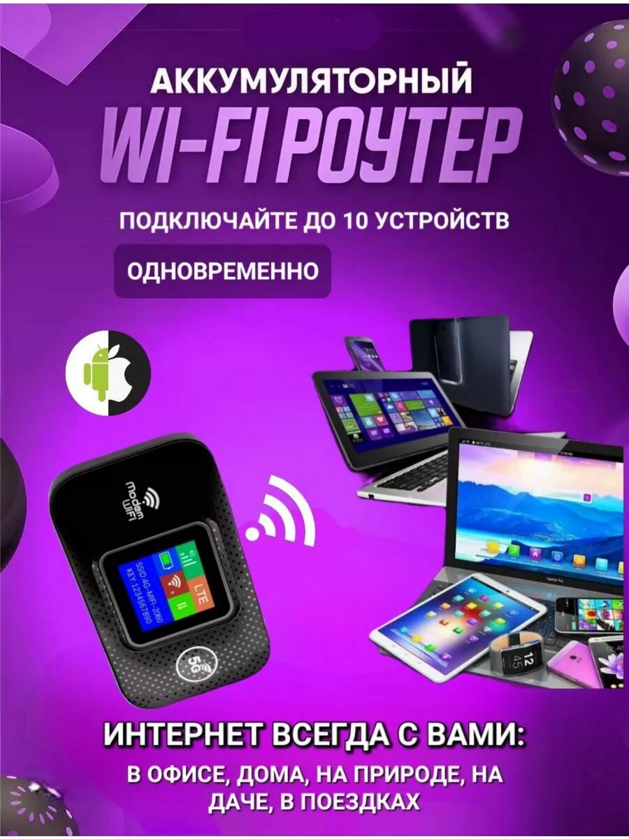 Wifi роутер модем, карманный 4G / 5G / LTE роутер, вай фай роутер с сим картой для дома и квартиры, максимальная скорость 300 мбит, ЖК экран, черный